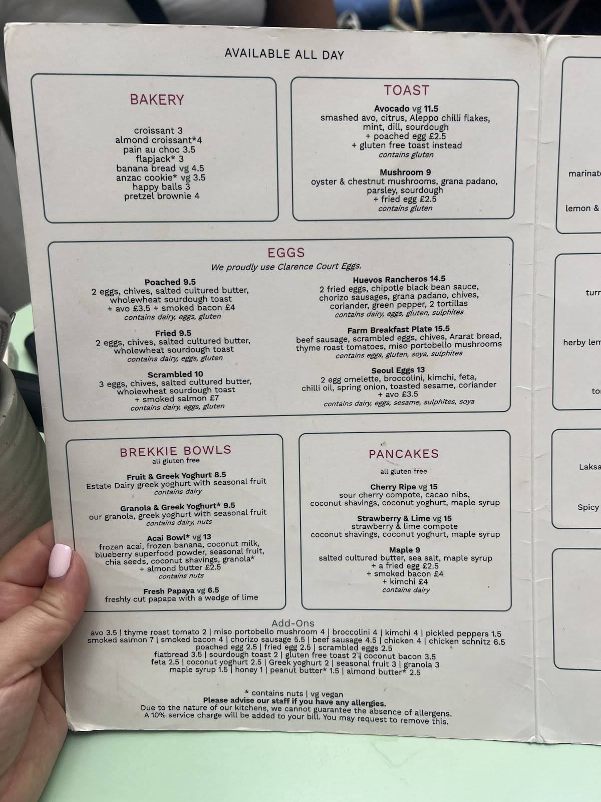 Carta del café Farm Girl, Londres, 59A Portobello Rd