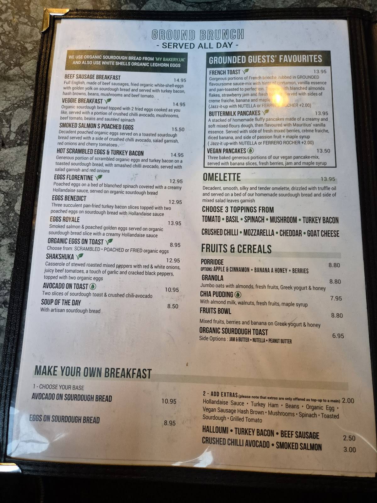 Menu at Grounded London restaurant, London, 9 Whitechapel Rd