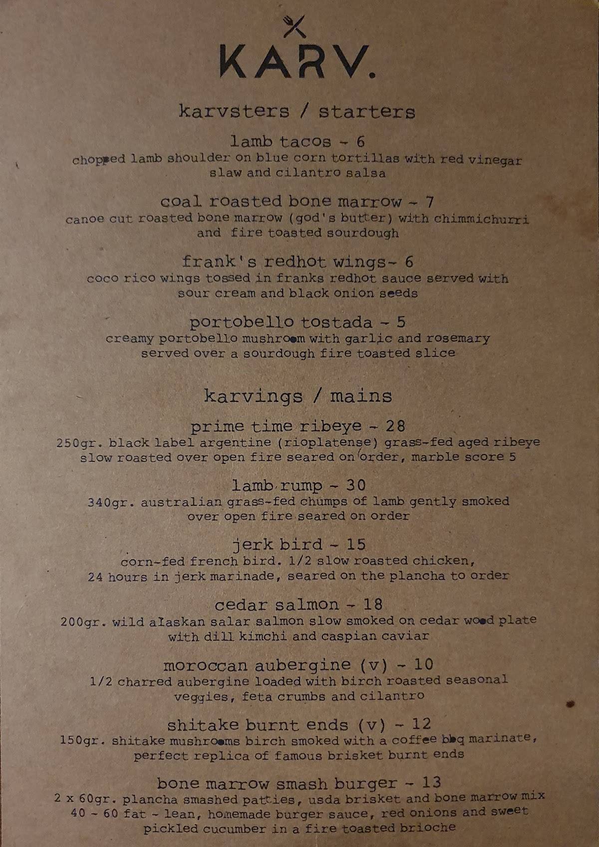 Menu at Karv Steakhouse, London