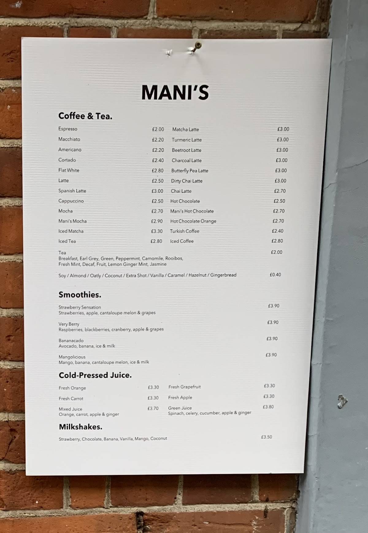 Menu at Mani's cafe, London, 12 Perrin's Ct