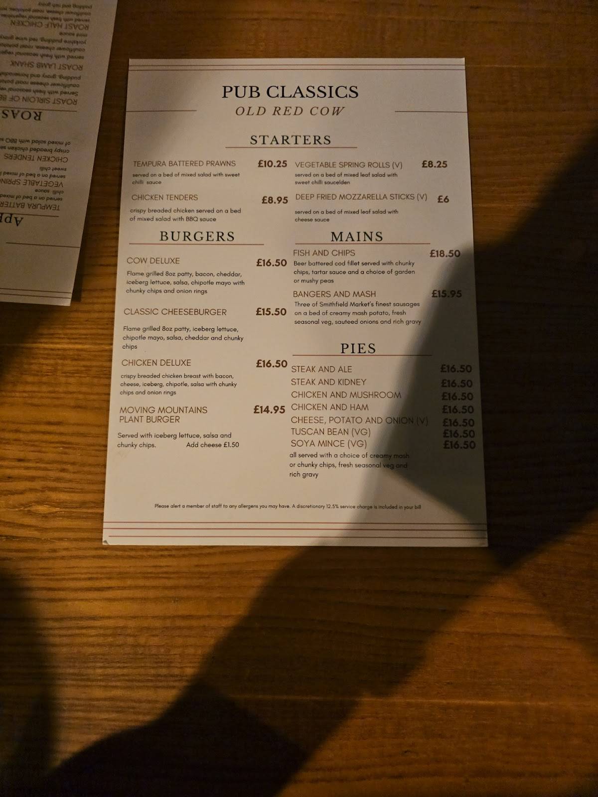 Menu at Old Red Cow pub & bar, London