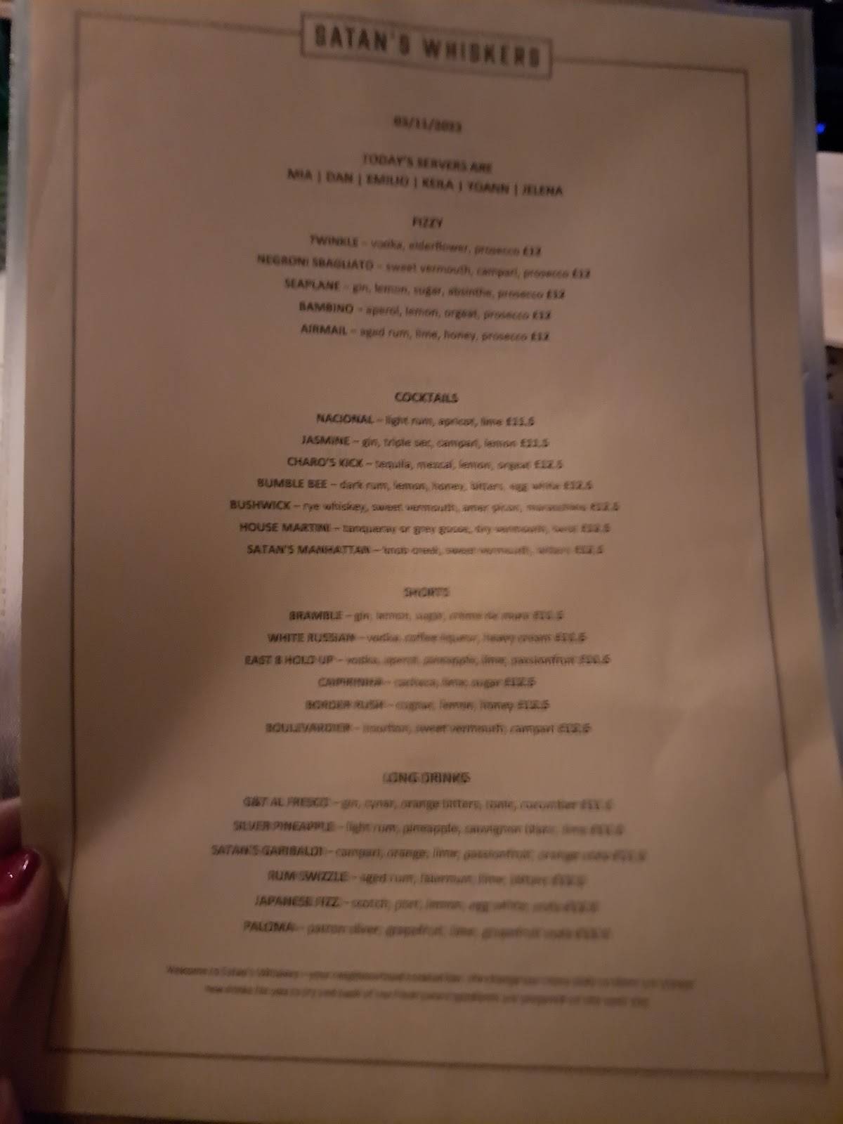 Menu at Satan's Whiskers pub & bar, London