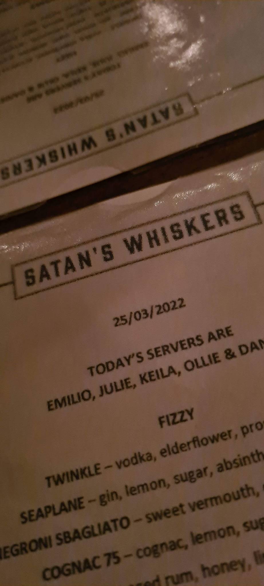 Menu at Satan's Whiskers pub & bar, London