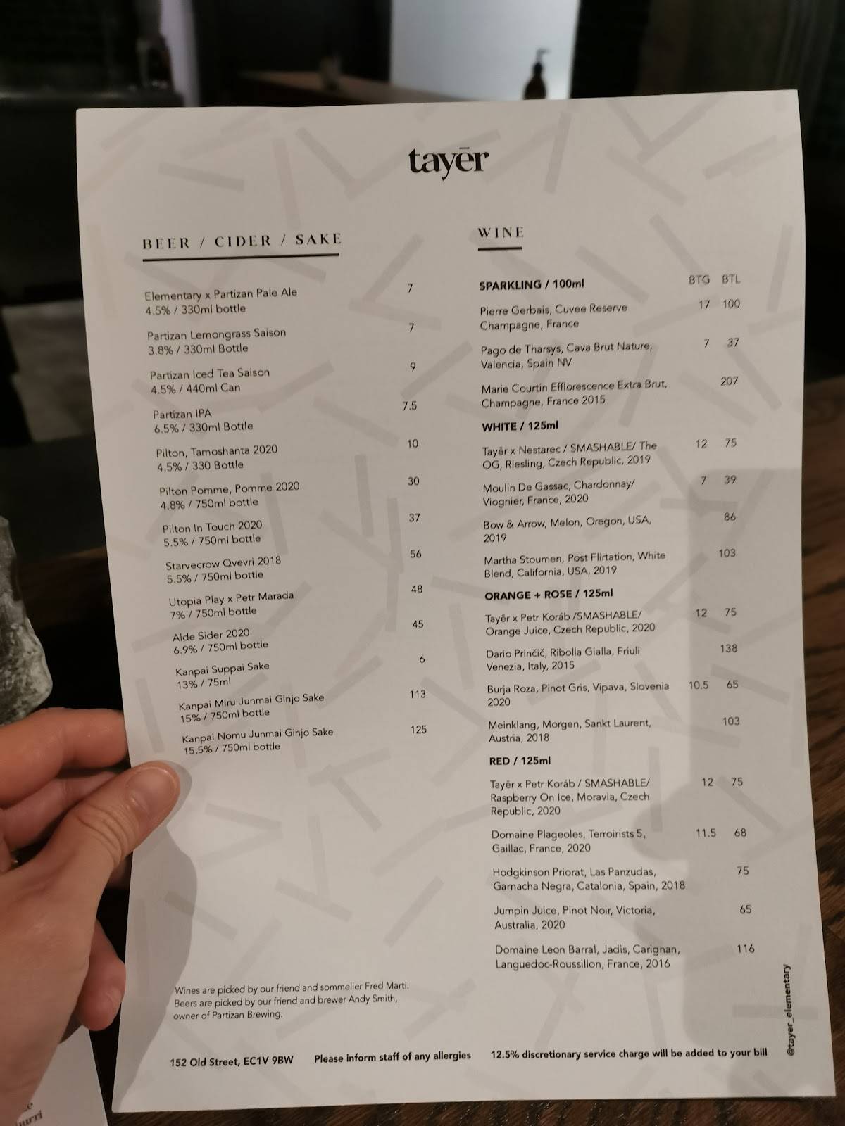 Menu at Tayēr + Elementary pub & bar, London
