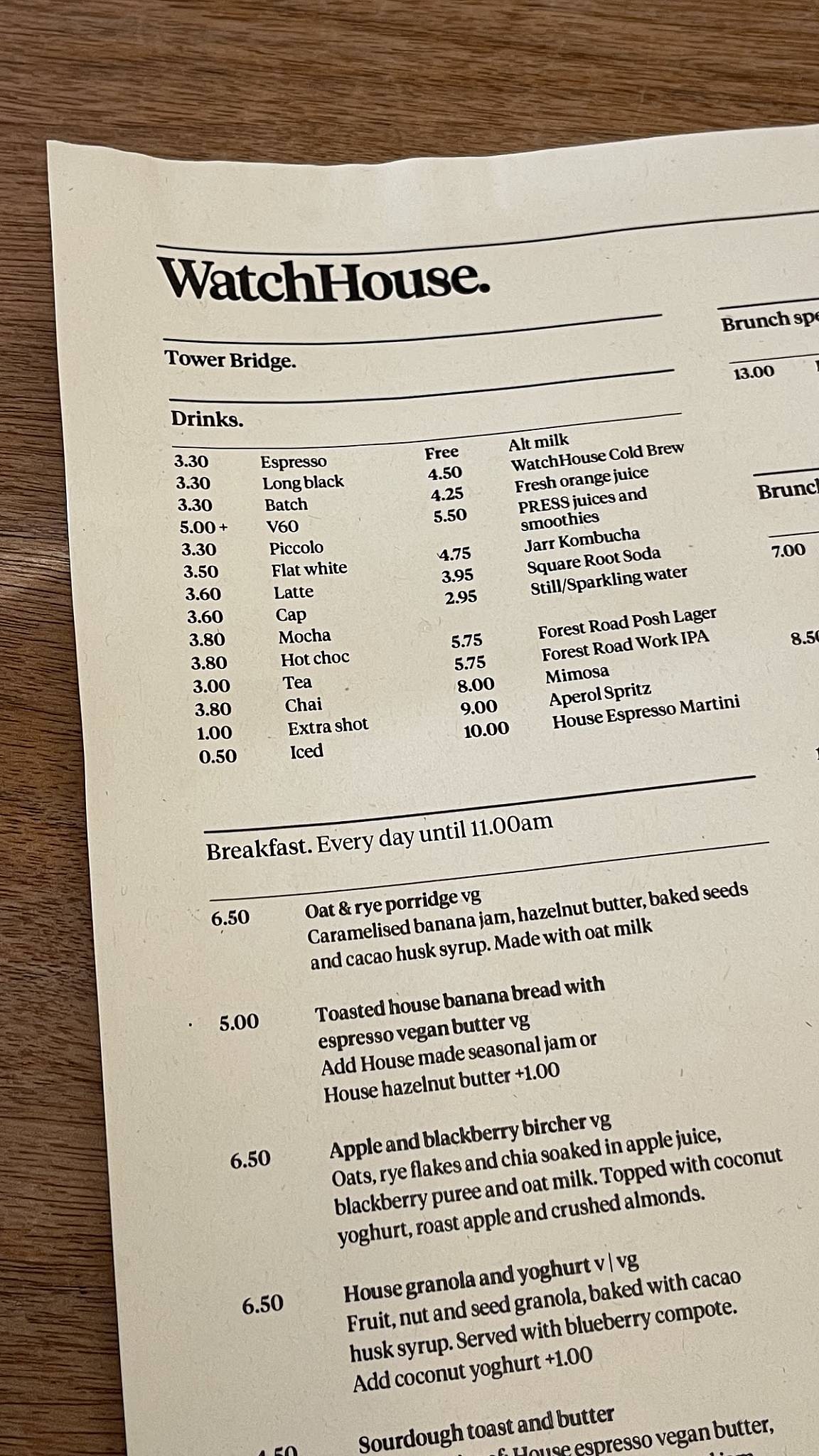 Menu at WatchHouse Tower Bridge cafe, London, 37 Shad Thames