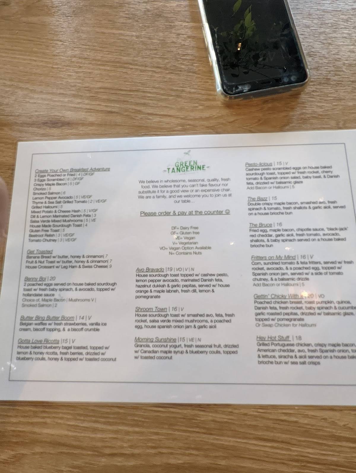 Menu at Green Tangerine Long Jetty cafe, Long Jetty