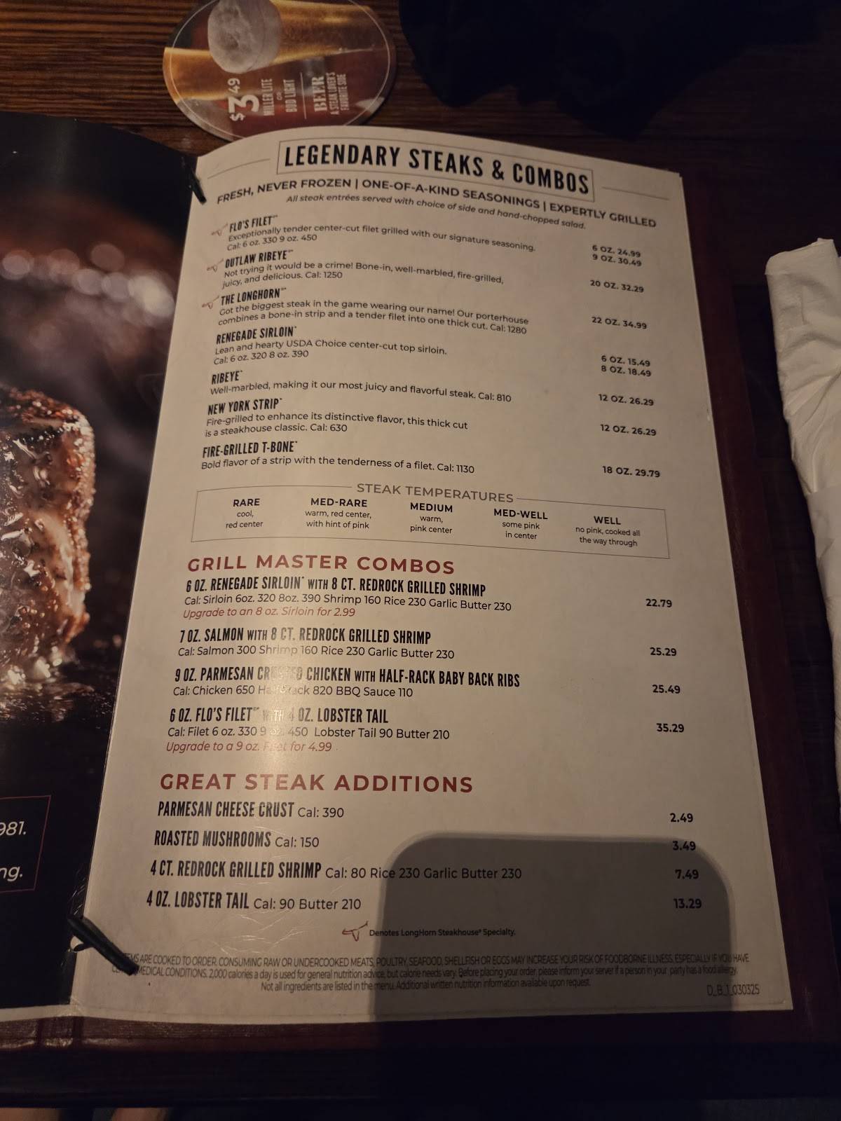 Menu at LongHorn Steakhouse, Zanesville
