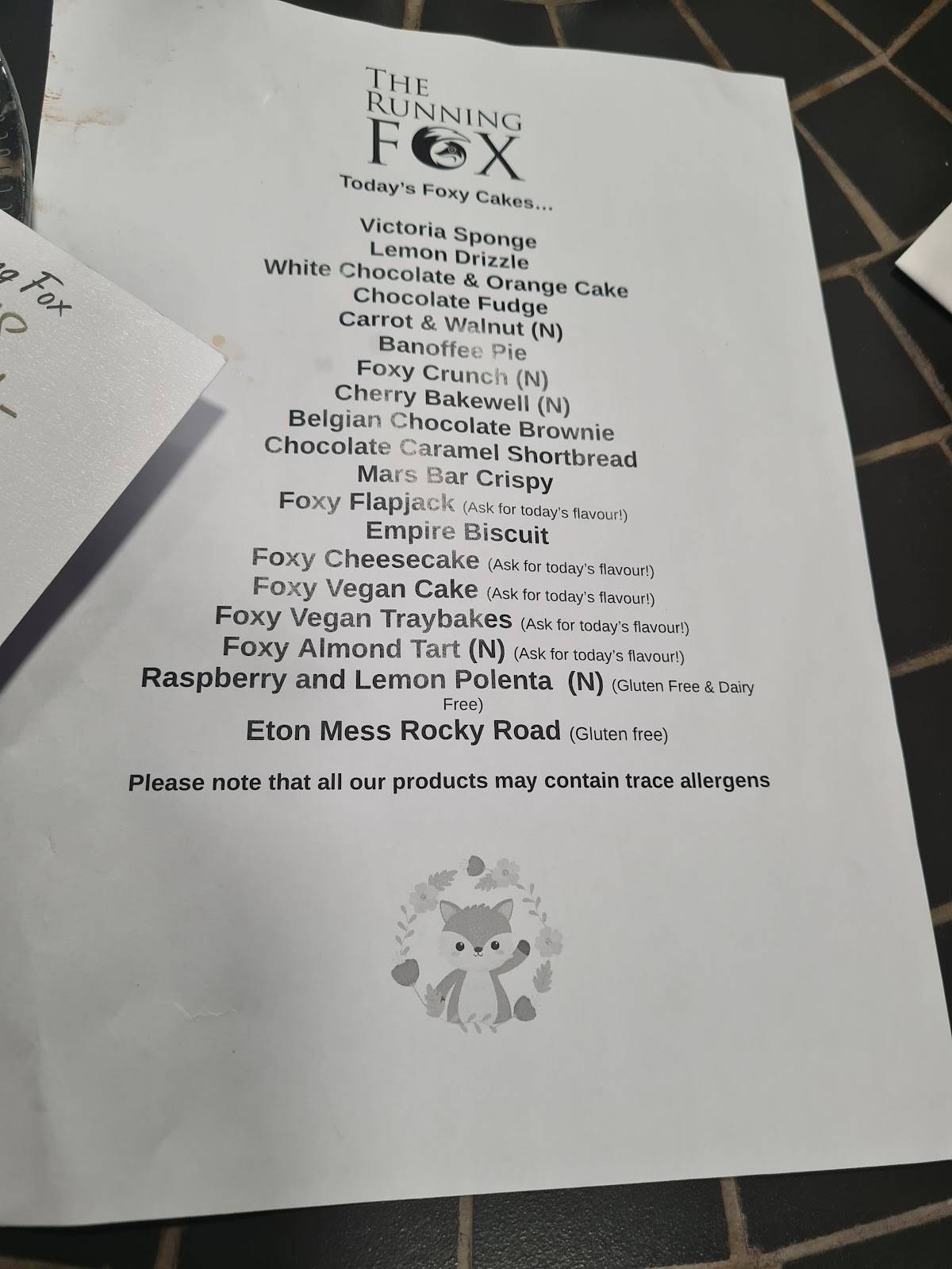 Menu at The Running Fox cafe, Shilbottle, 26 N End