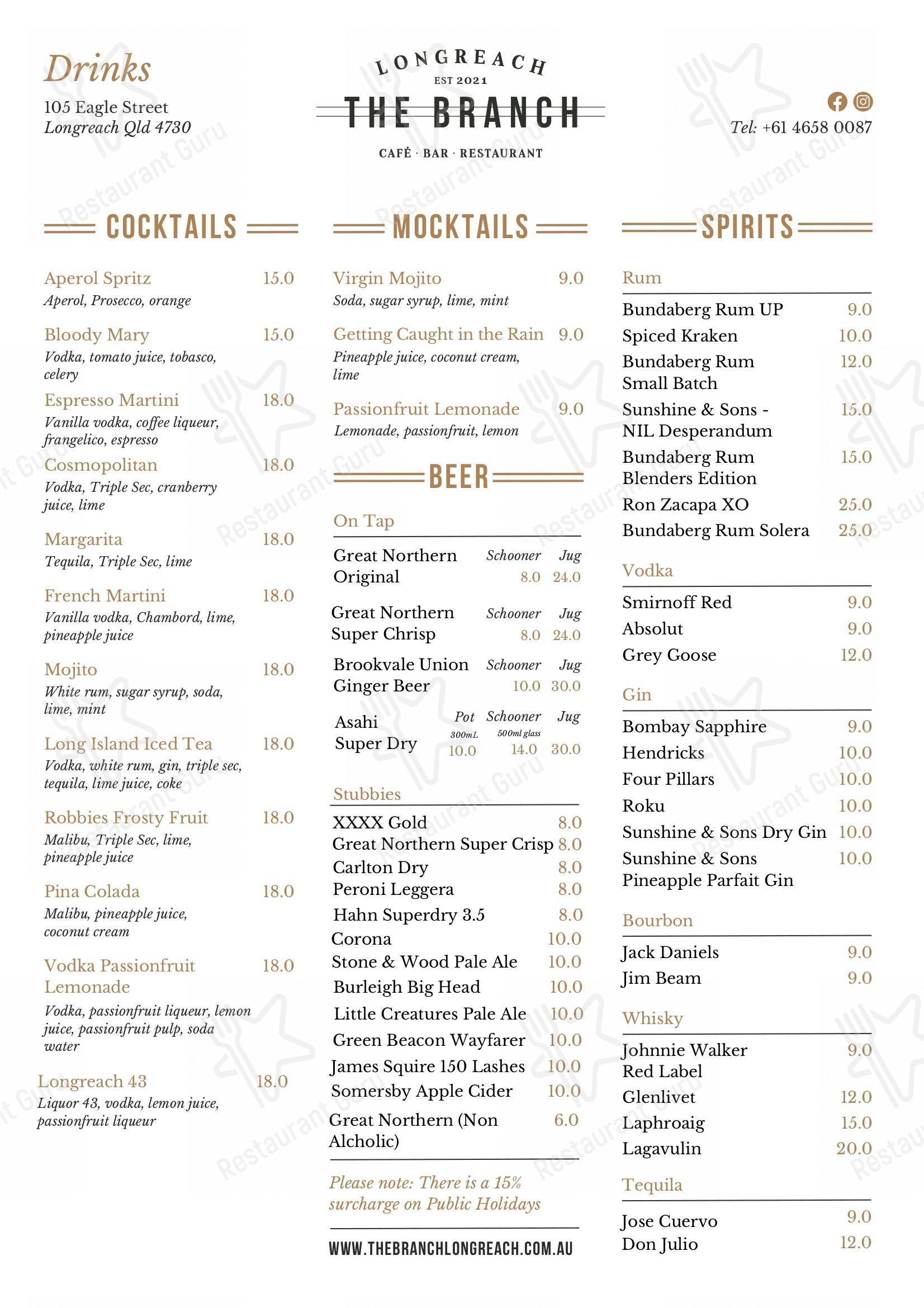Carta de The Branch Restaurant, Longreach