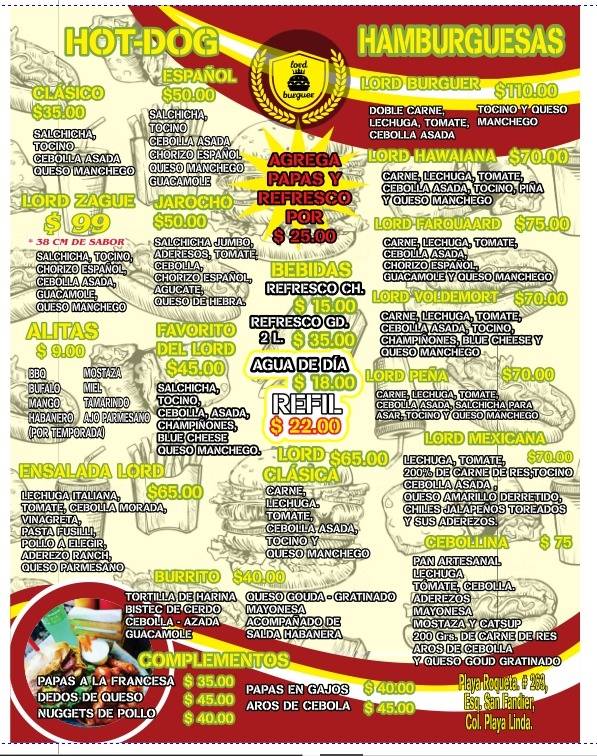 Menu at Lord burger restaurant, Valente Díaz