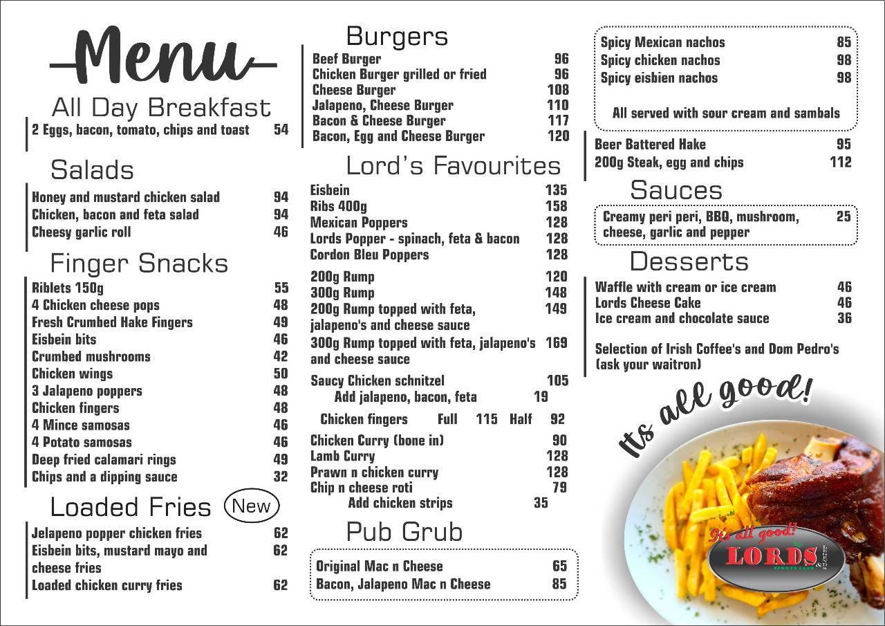 Menu at Lords & Legends Sports Cafe Amanzimtoti, Umlazi