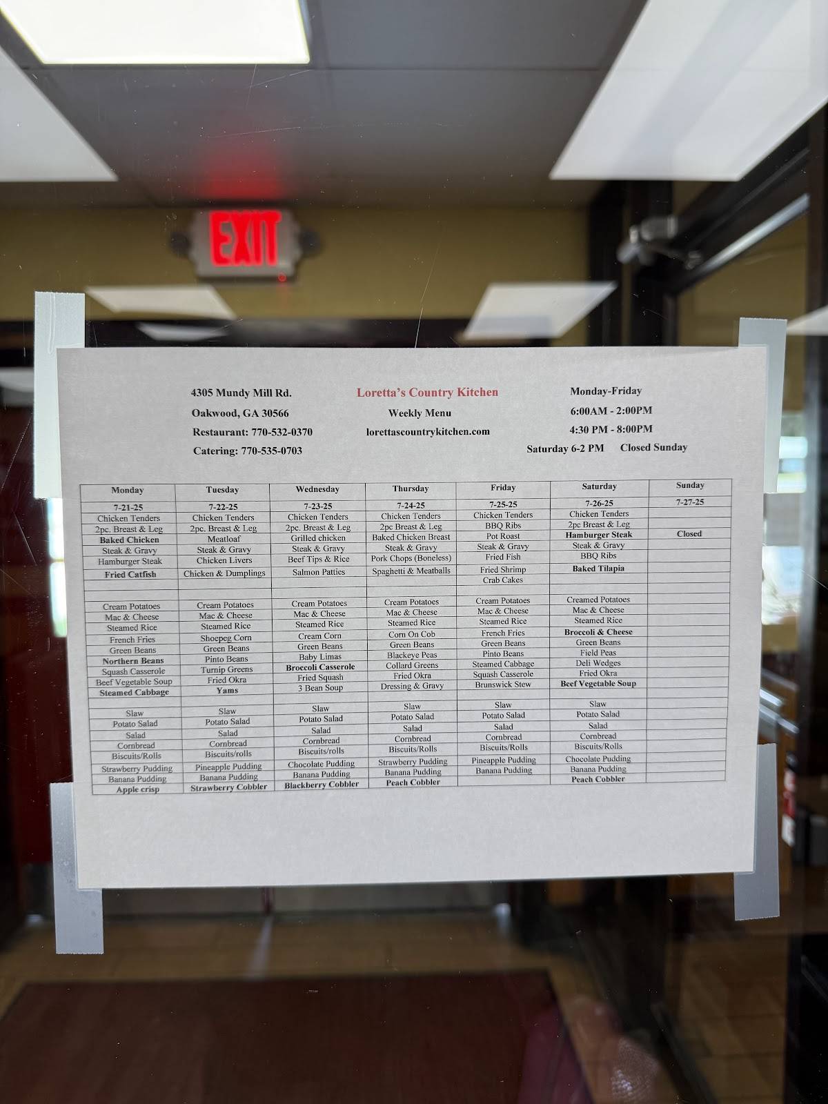 Menu at Loretta's Country Kitchen restaurant, Oakwood