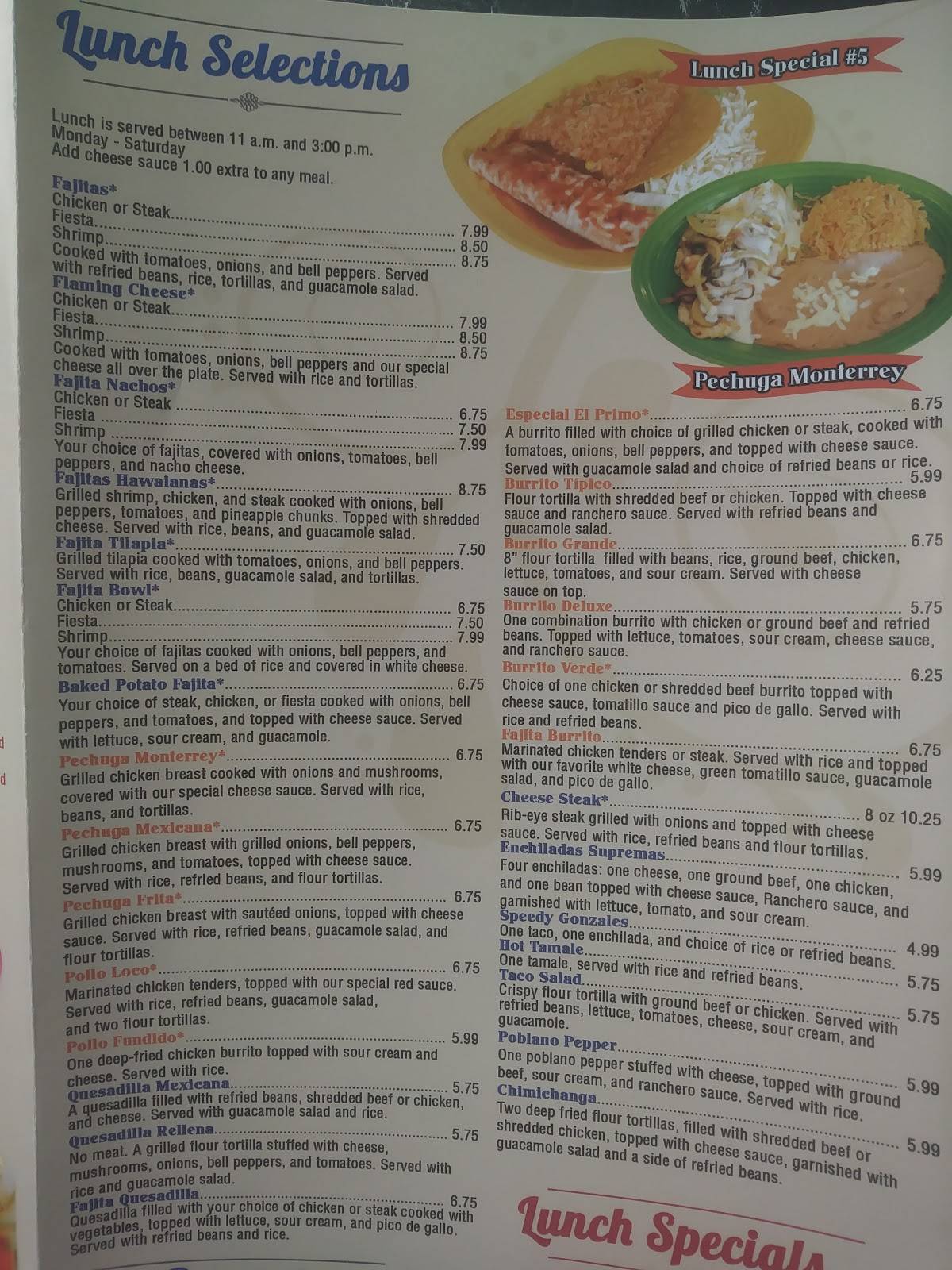 Menu at Los Arcos restaurant, Anniston