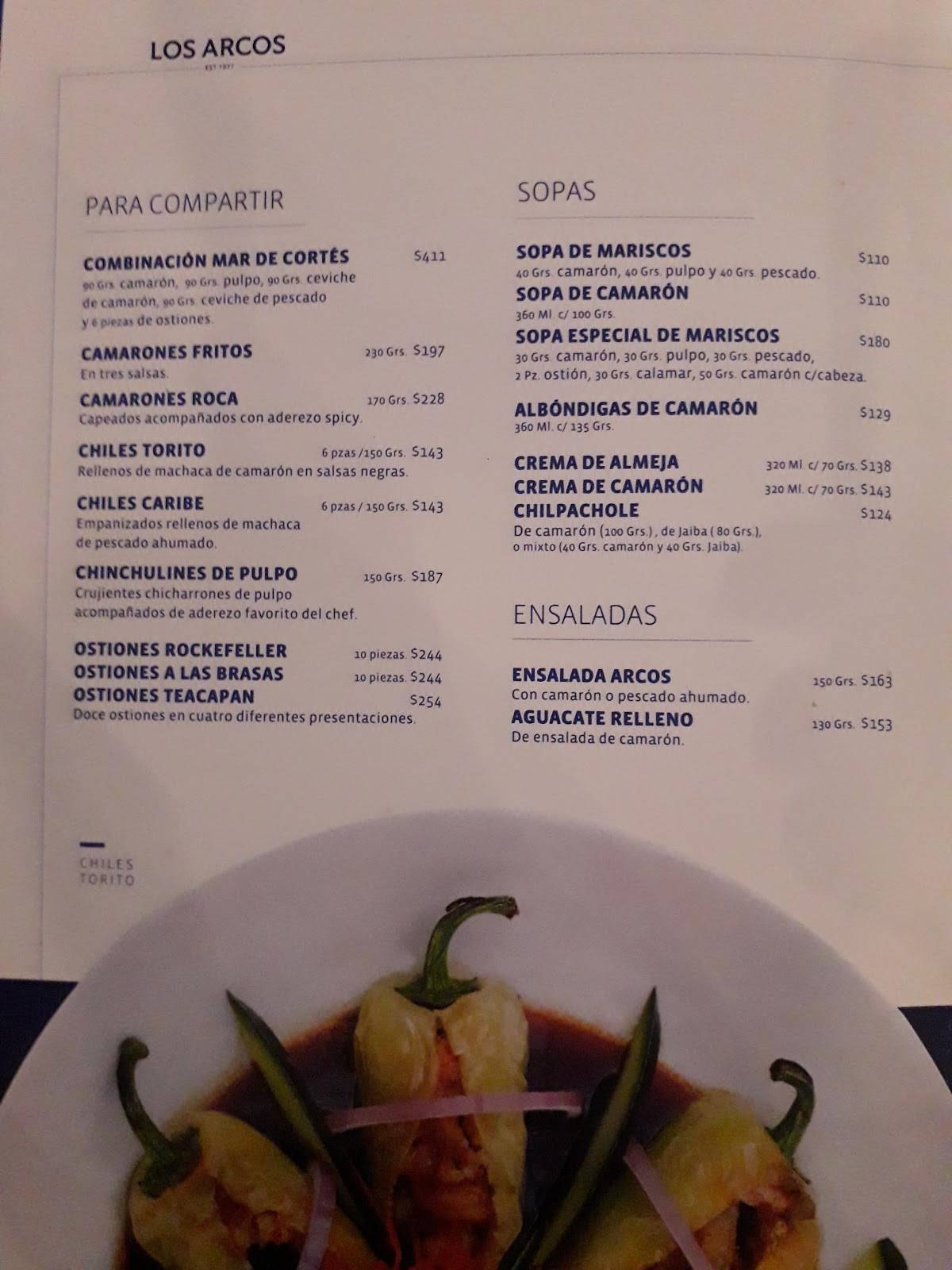 Carta del restaurante Los Arcos, Mexicali