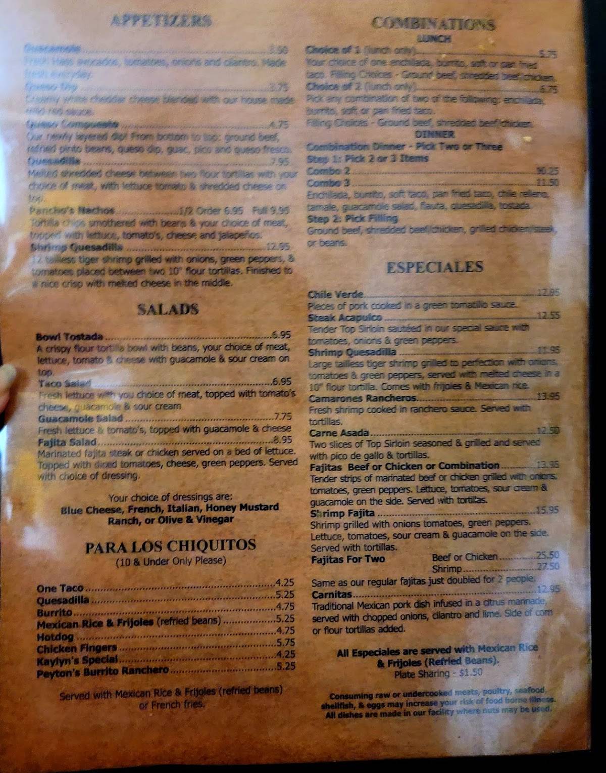 Menu at Los Chicos restaurant, Zephyrhills