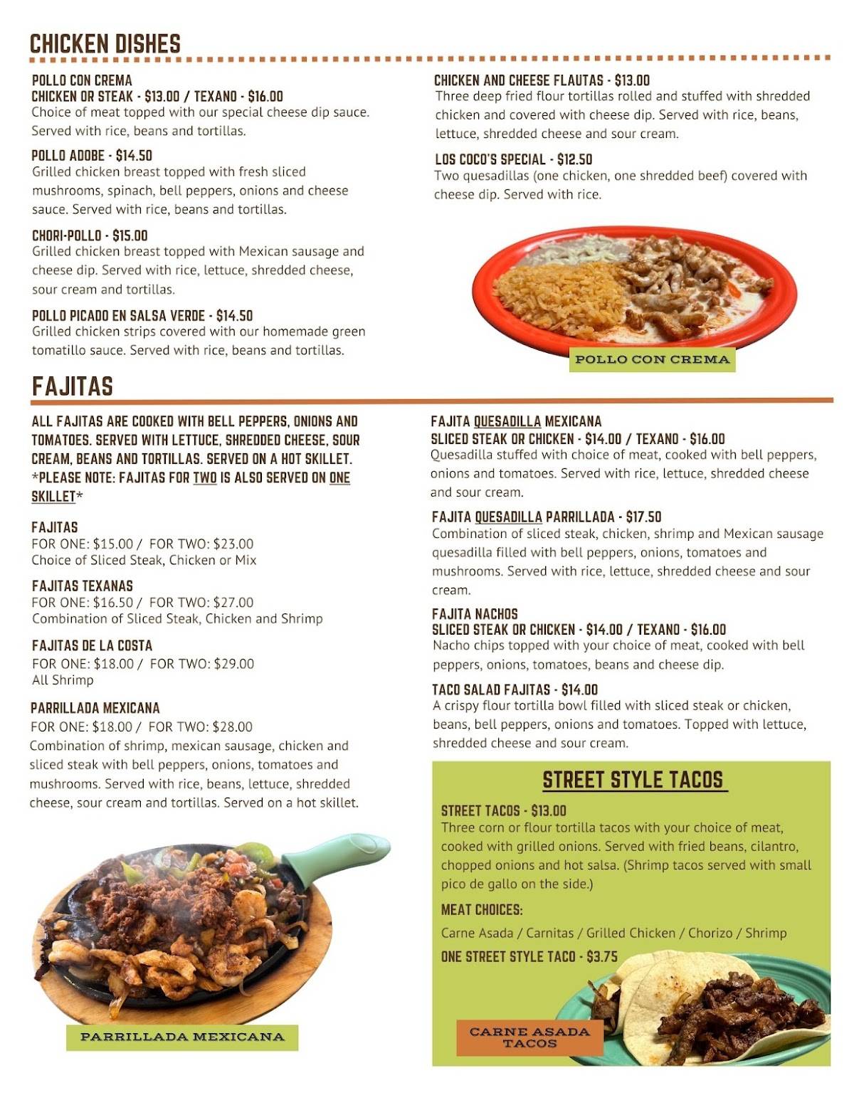 Menu at Los Cocos restaurant, South Hill