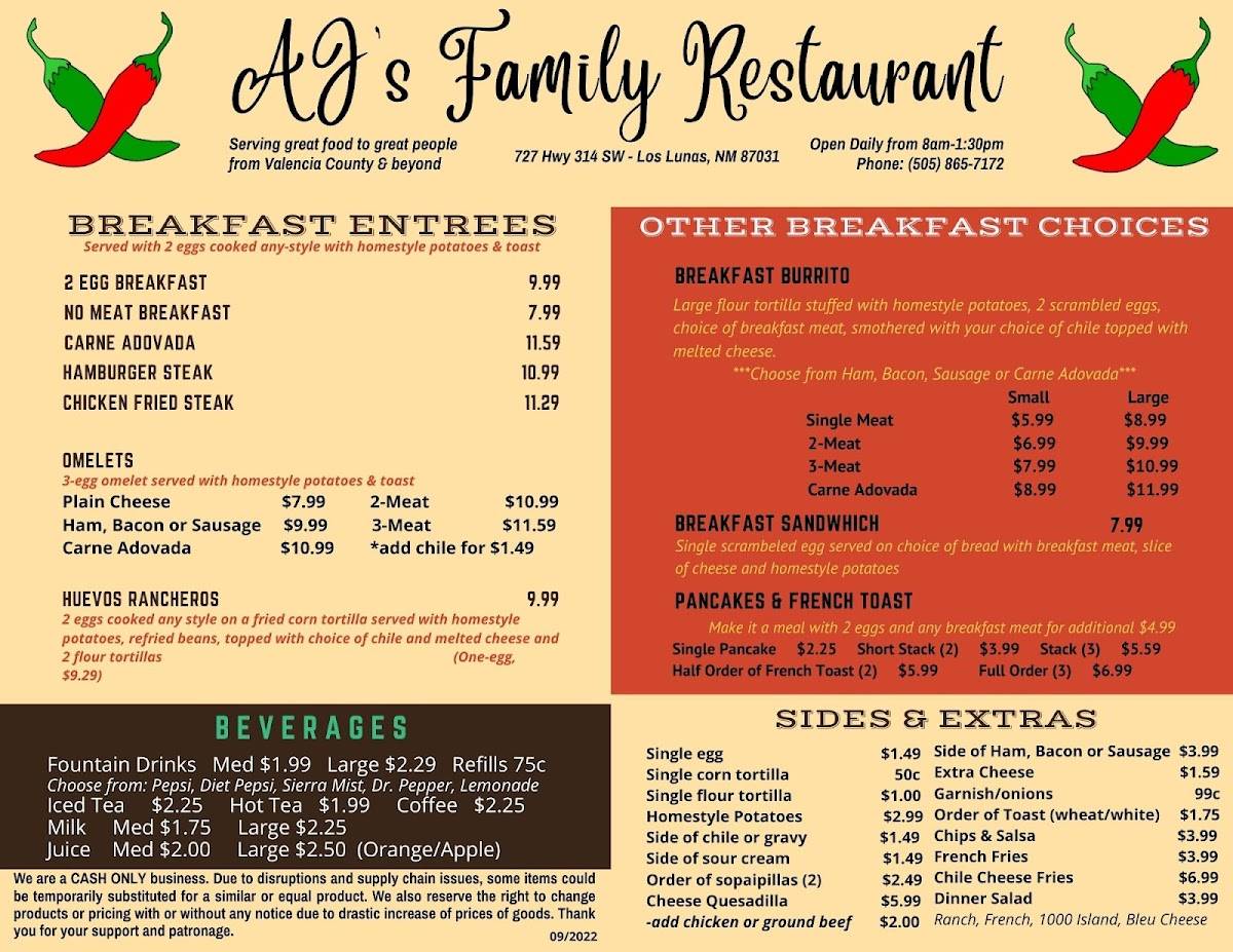 Menu at AJ's Restaurant, Los Lunas