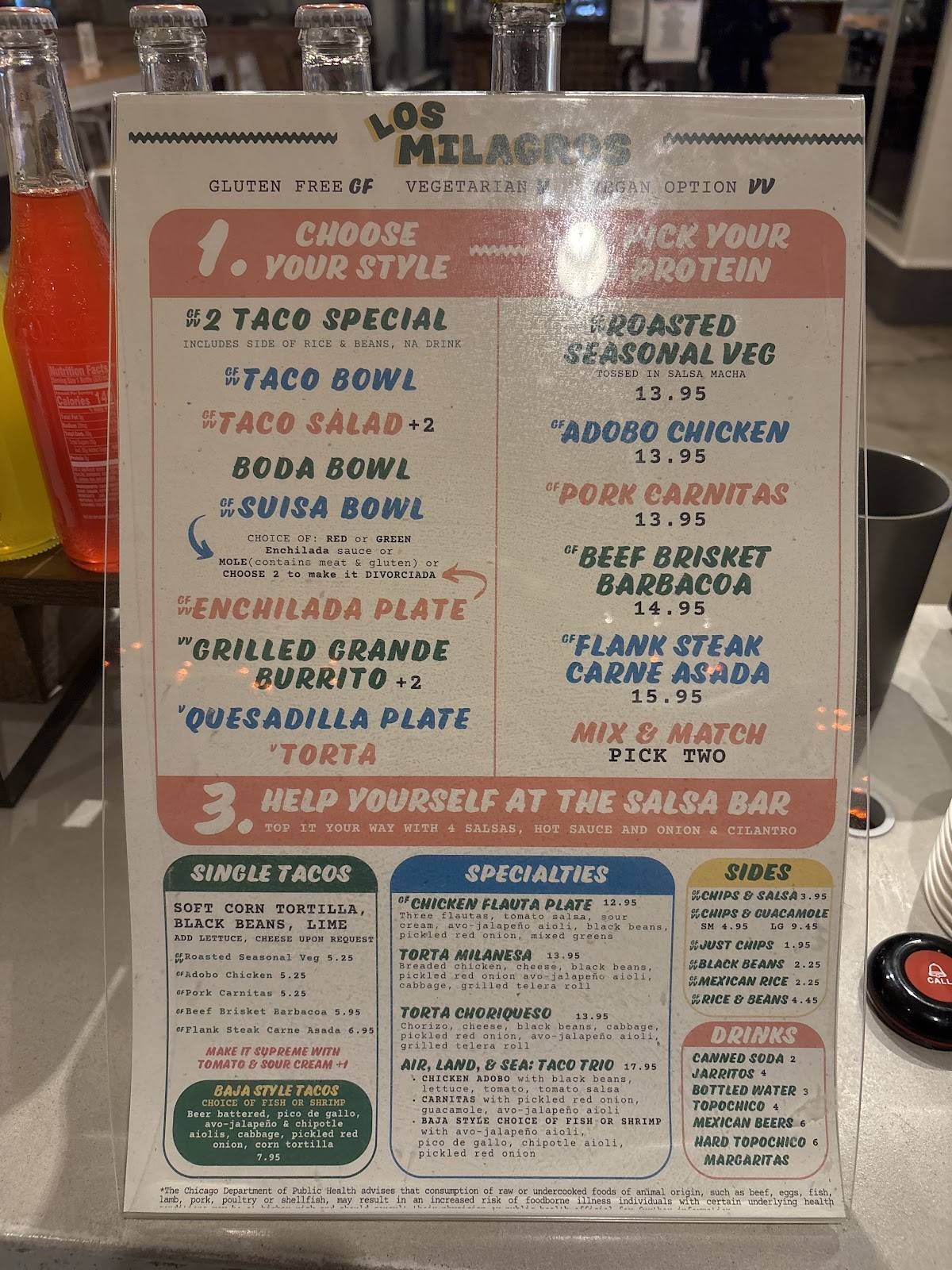 Menu at Los Milagros restaurant, Chicago