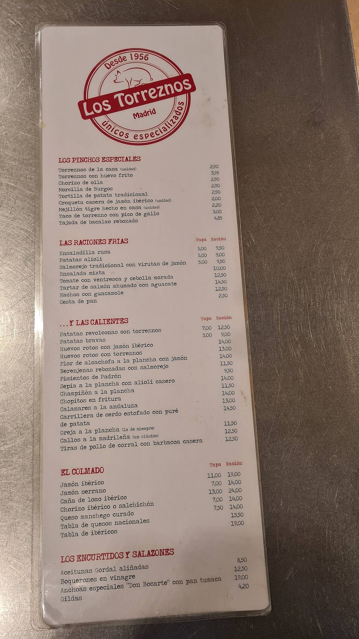 Carta del pub y bar Los Torreznos Lopez del Hoyos, Madrid, Calle López ...