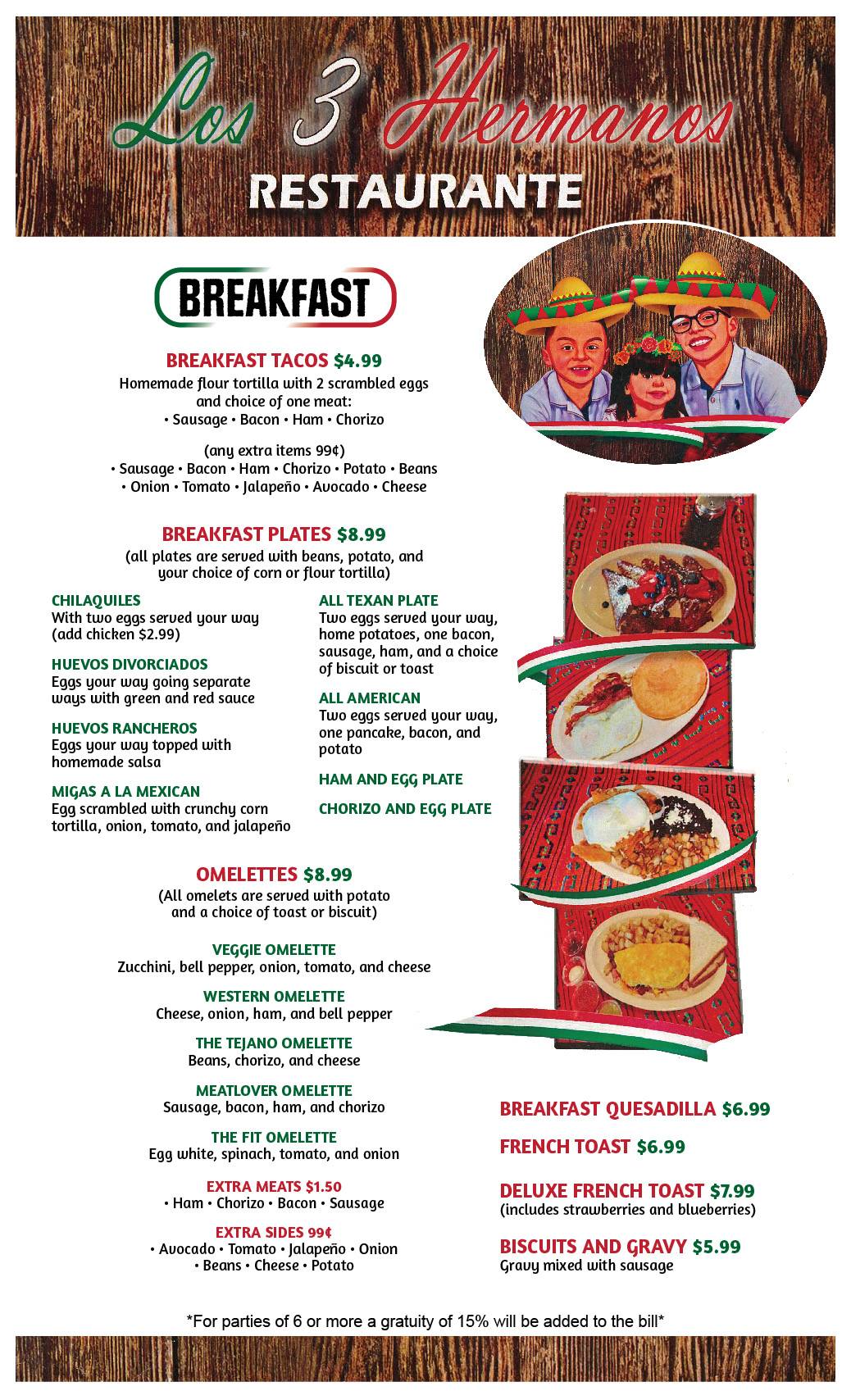 Menu at Los Tres Hermanos restaurant, Port Isabel
