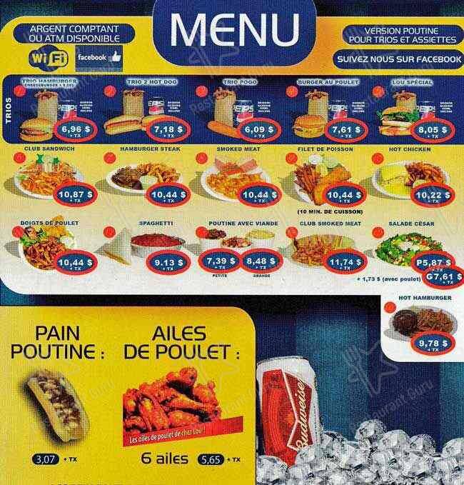 Menu au Chez Lou Patate restaurant, Gatineau
