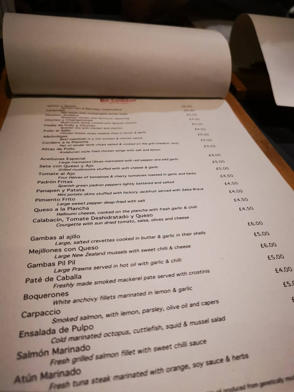 Menu at Bar Castilléjar, Louth