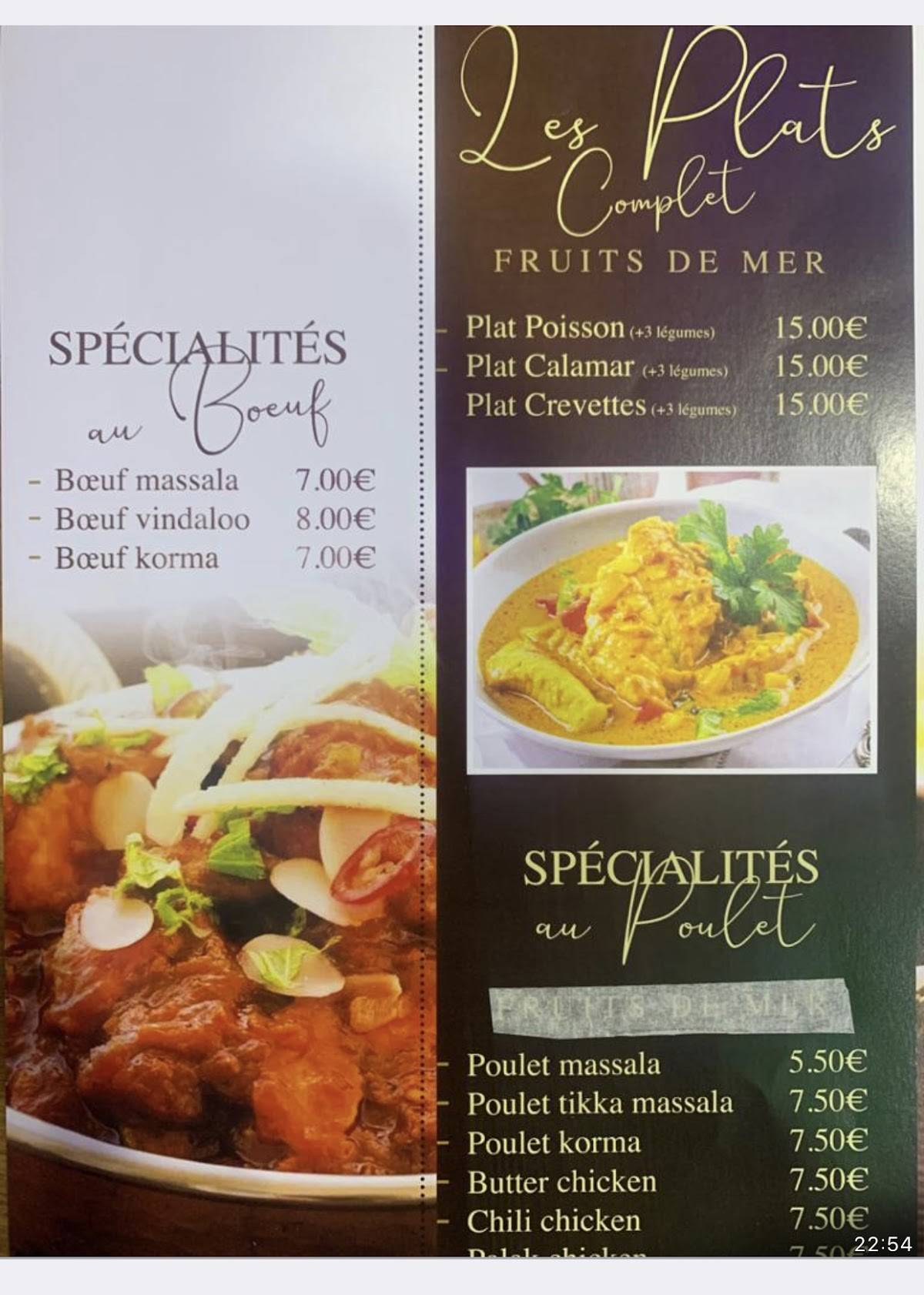 Carta de Yaal Restaurant Indien, Louvres