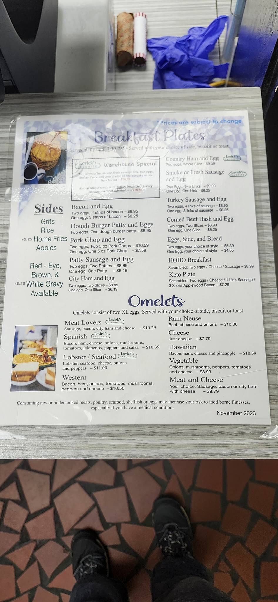 Menu at Lovick's Cafe, Kinston