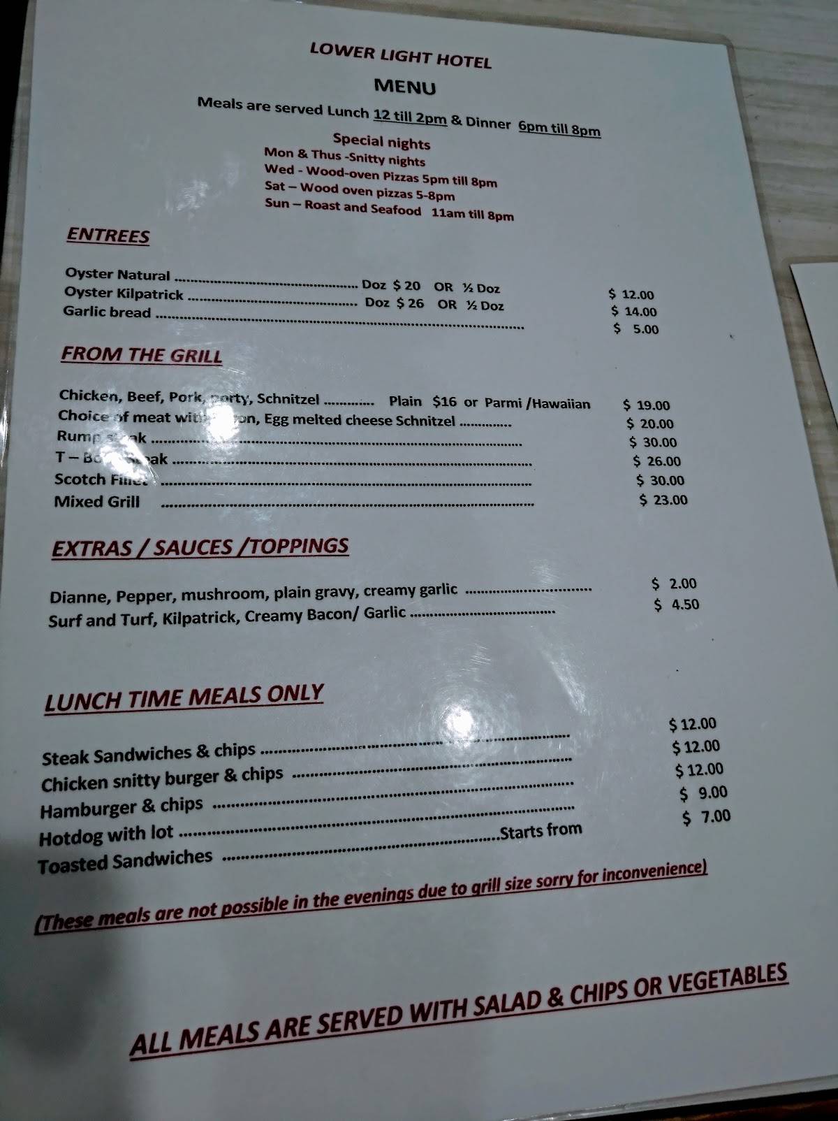 Menu at Lower Light Hotel restaurant, Lower Light, 33 Port Wakefield Rd