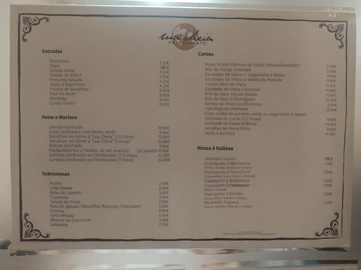 Menu em Lua Cheia restaurante, Braga