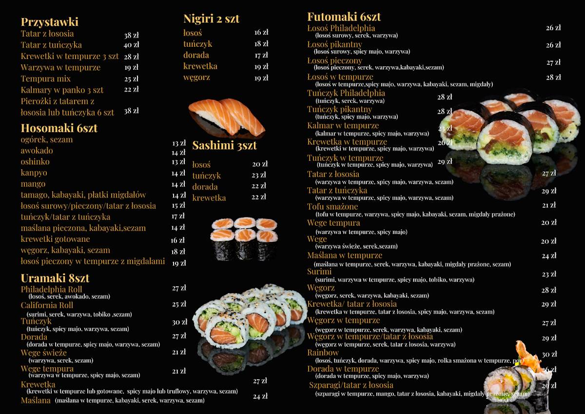 Menu at Tosaka Sushi restaurant, Lublin