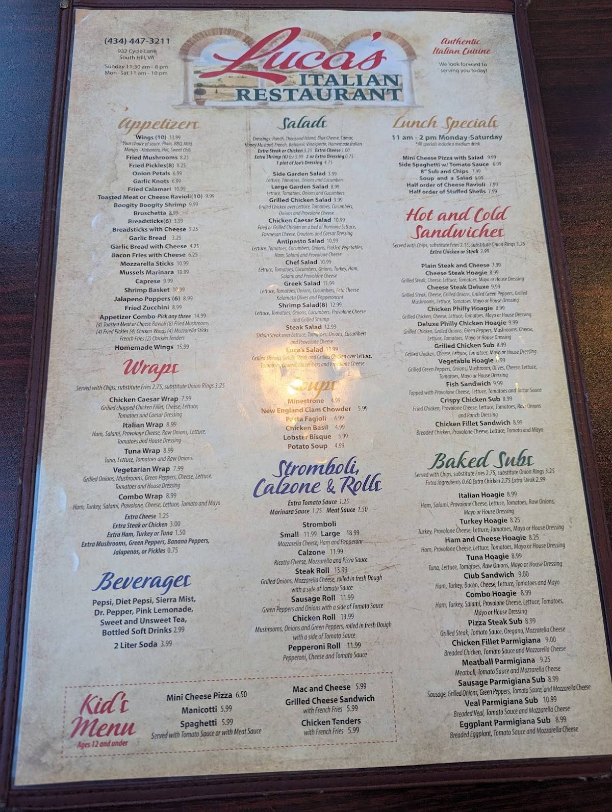 Menu at Luca's Italian Restaurant, South Hill, 932 Cycle Ln