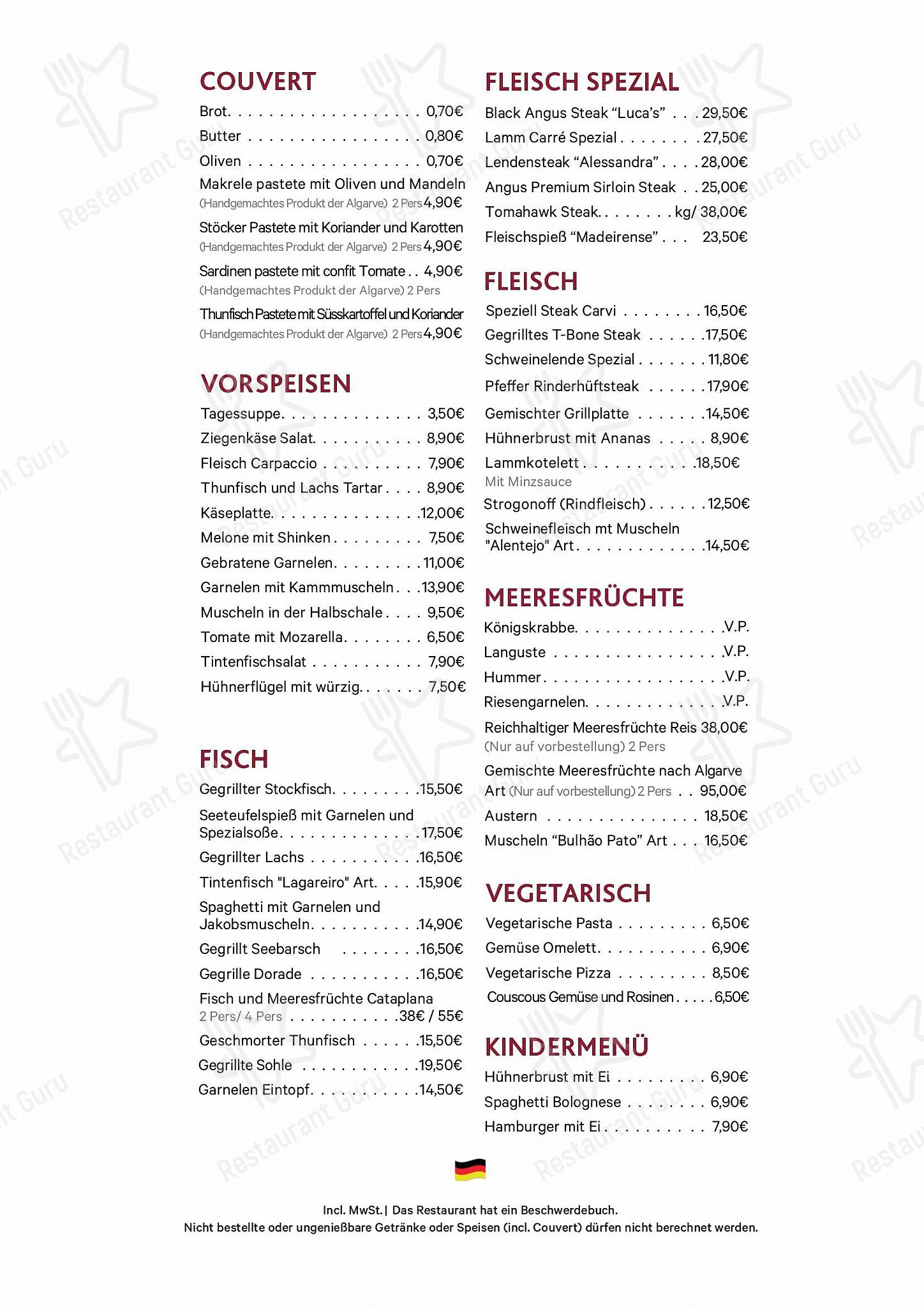 Menu at Luca’s Rooftop Restaurant, Lagos