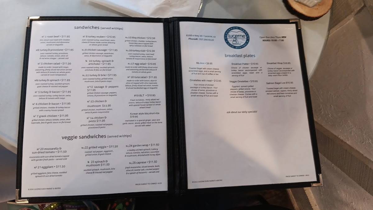 Menu at Lucerne Euro Market & Bistro restaurant, Lucerne