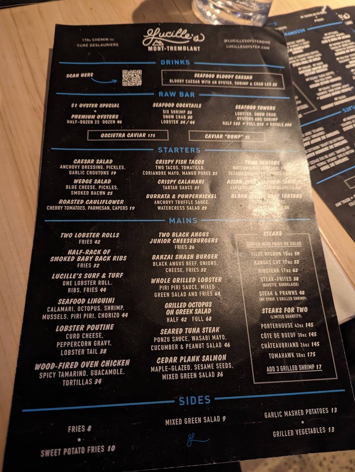 Menu au Lucille's Mont-Tremblant restaurant, Mont-Tremblant