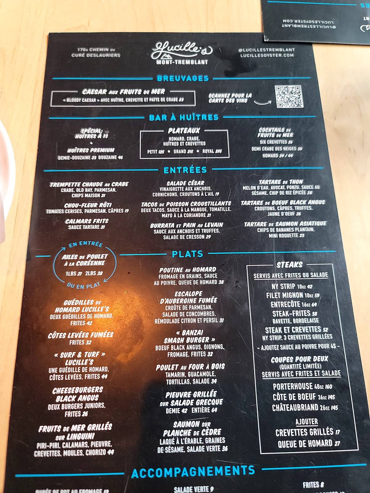 Menu au Lucille's Mont-Tremblant restaurant, Mont-Tremblant