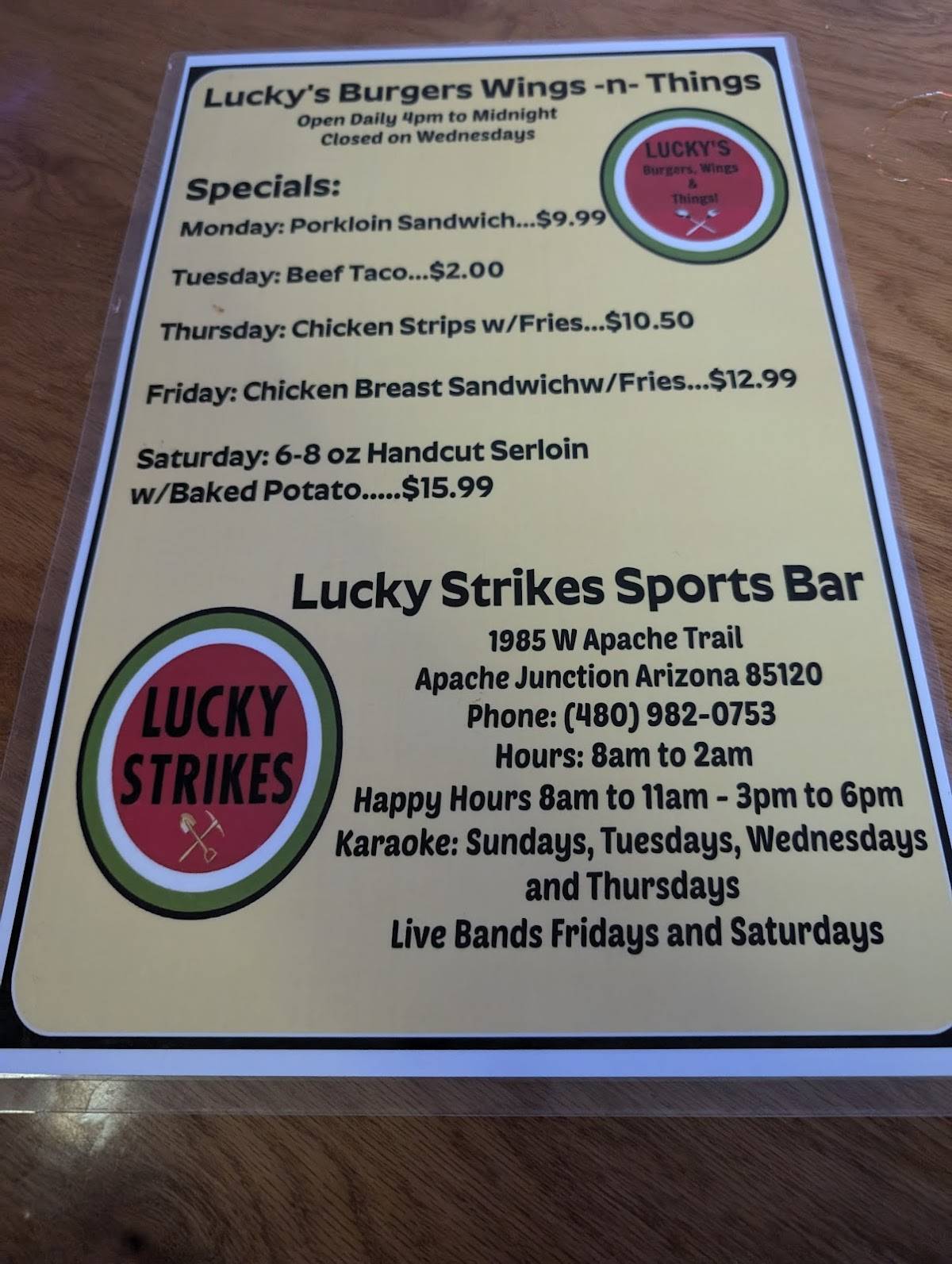 Menu at Lucky Strikes pub & bar, Apache Junction
