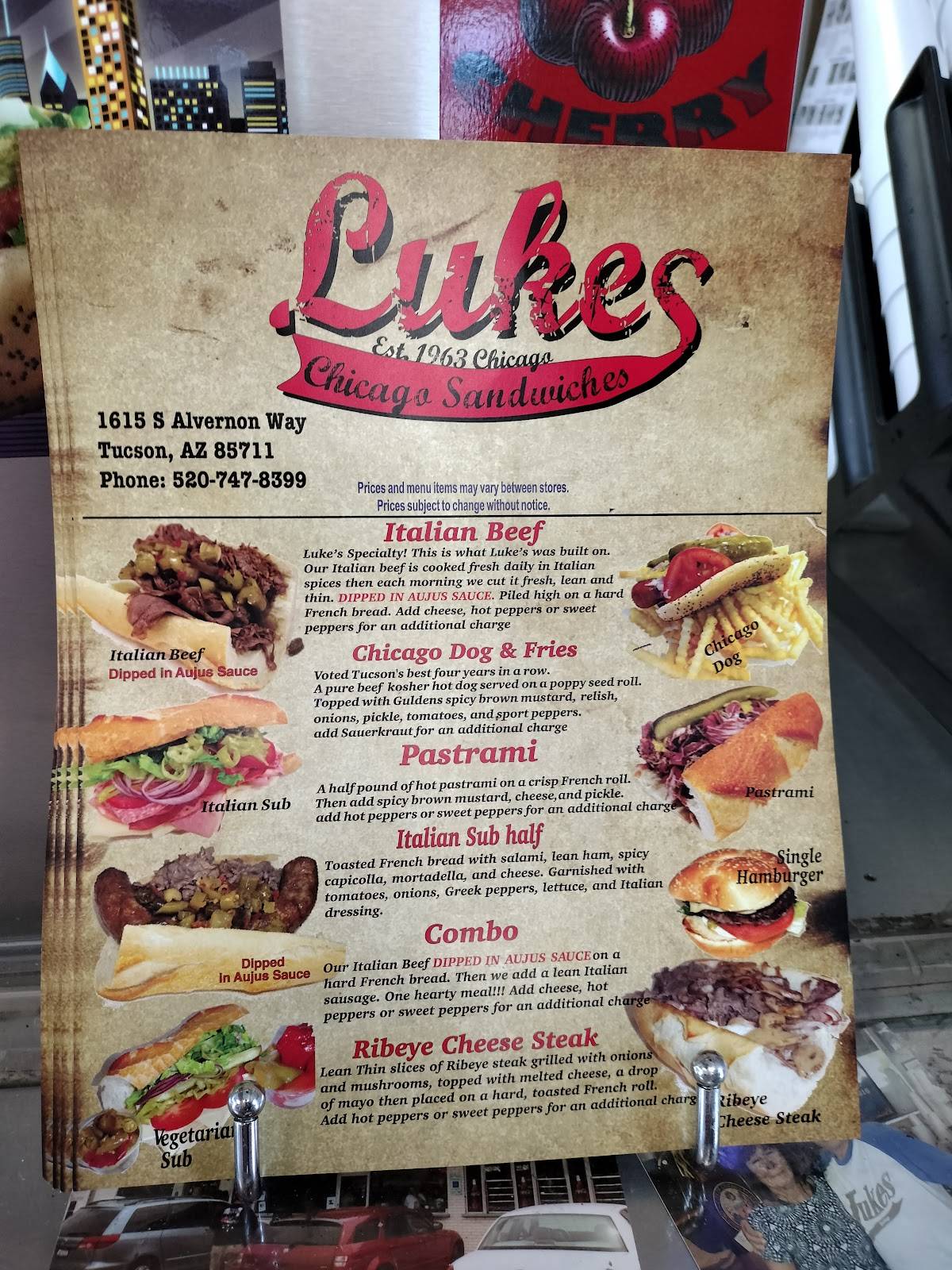 Menu at Luke's Italian Beef restaurant, Tucson, S Alvernon Way