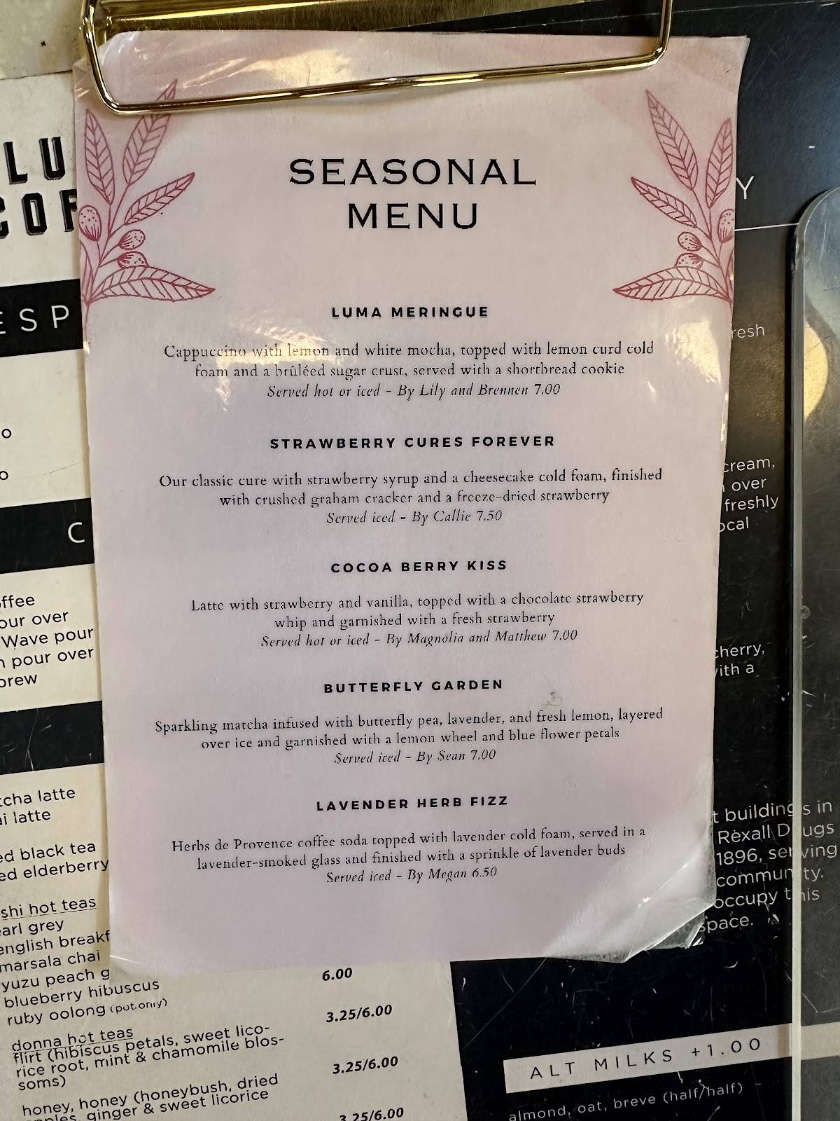 Menu at Luma Coffee restaurant, Hammond