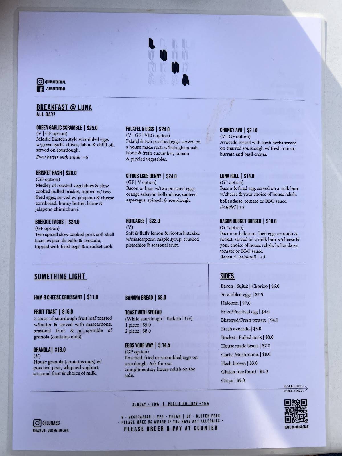 Menu at Luna cafe, Terrigal