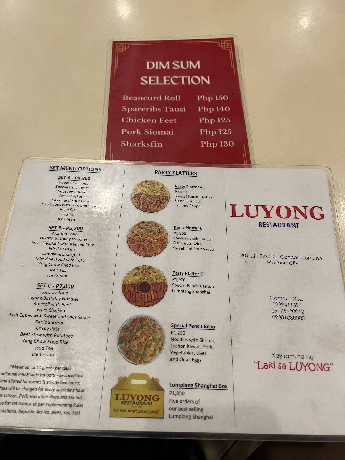 Menu at Luyong Restaurant, Marikina, 801 J. P. Rizal St