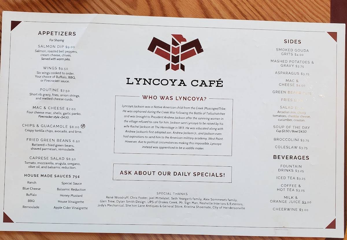 Menu at Lyncoya Cafe, Hendersonville