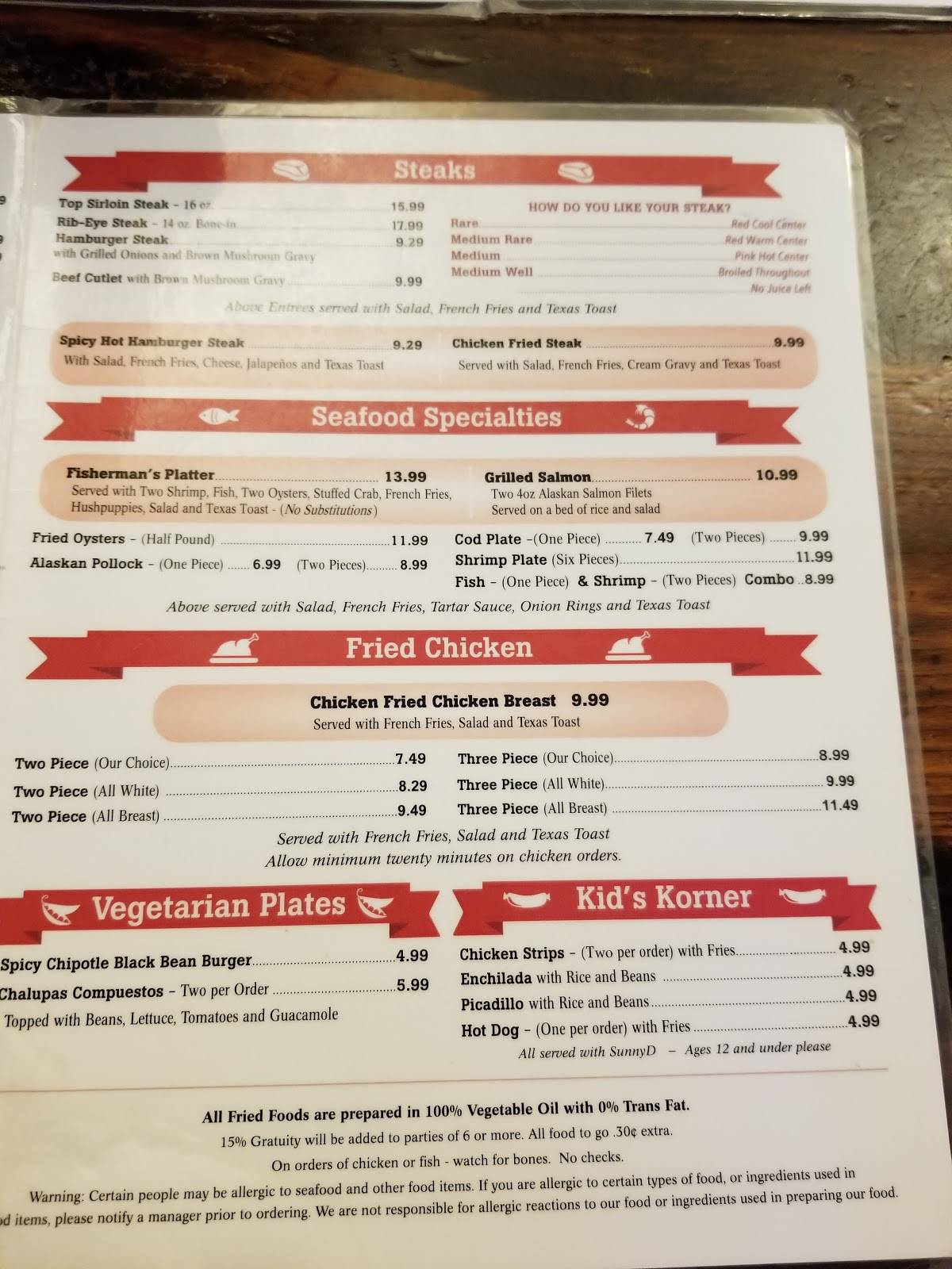 Menu at M.K. Davis Restaurant, San Antonio