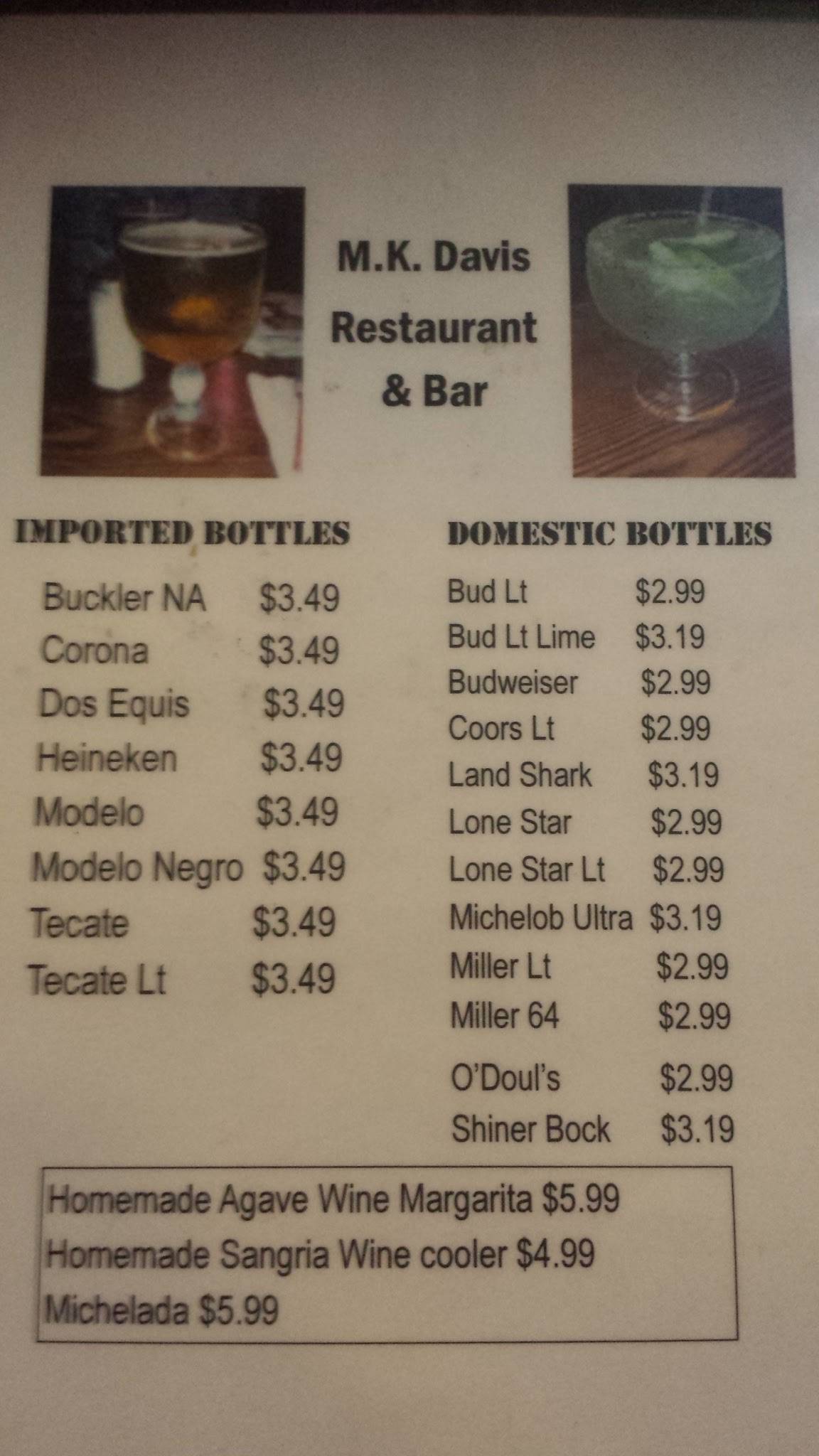 Menu at M.K. Davis Restaurant, San Antonio