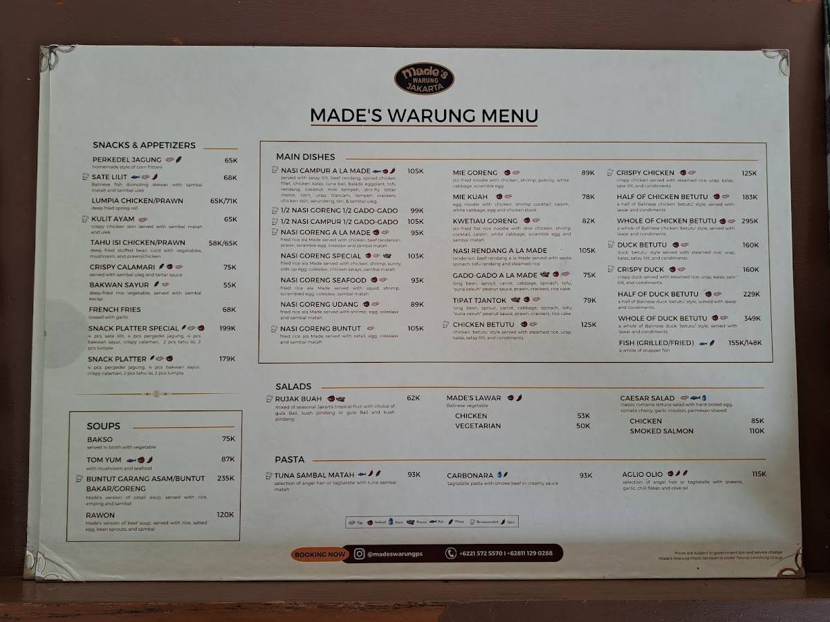 Menu at MADE'S WARUNG (Plaza Senayan) restaurant, Central Jakarta
