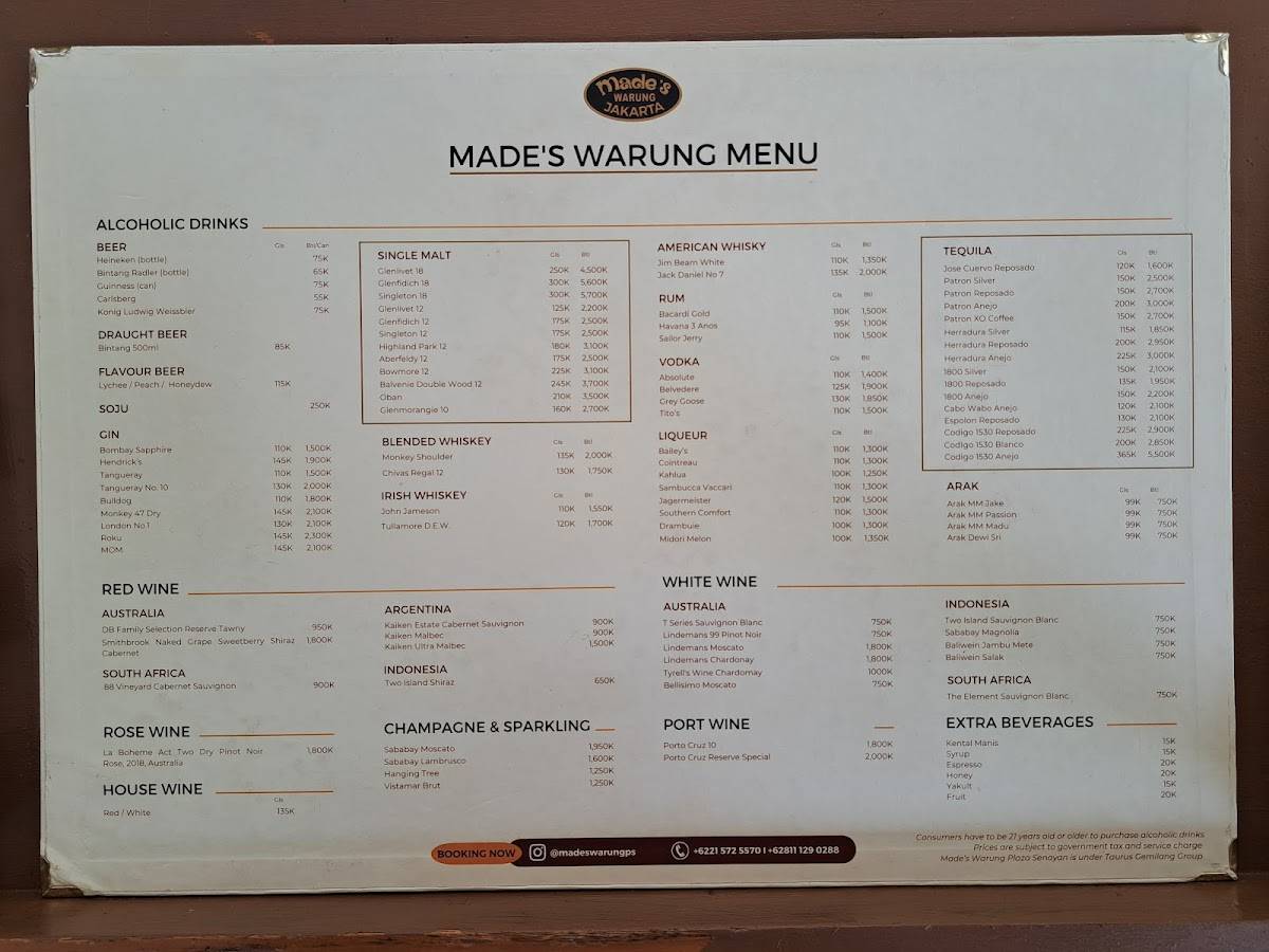 Menu at MADE'S WARUNG (Plaza Senayan) restaurant, Central Jakarta