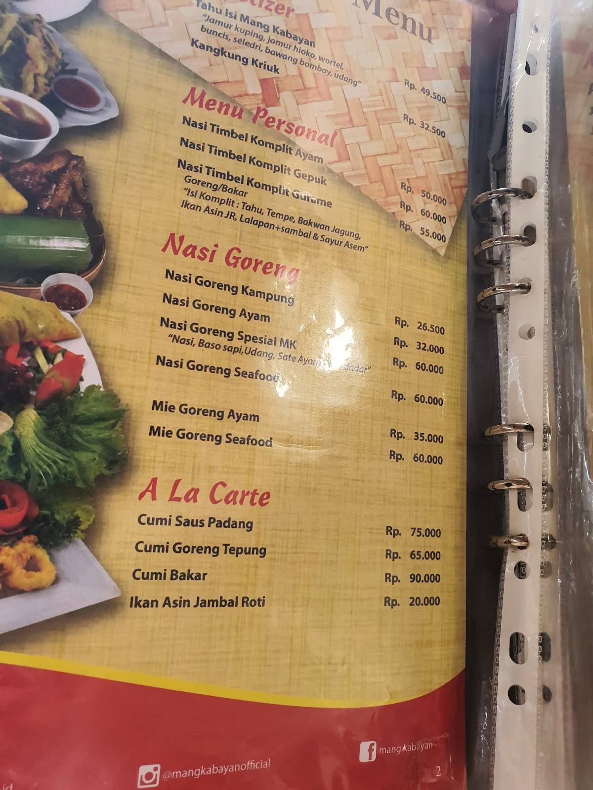 Menu at Mang Kabayan Jababeka restaurant, Bekasi Regency, Komplek Movieland