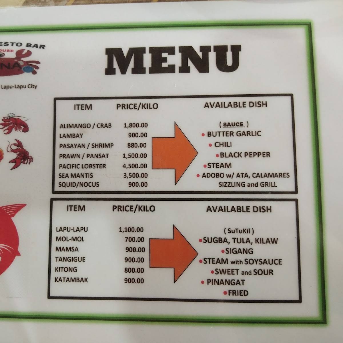 Menu at MANNA SUTUKIL/Mayang Seafoods restaurant, Lapu-Lapu City