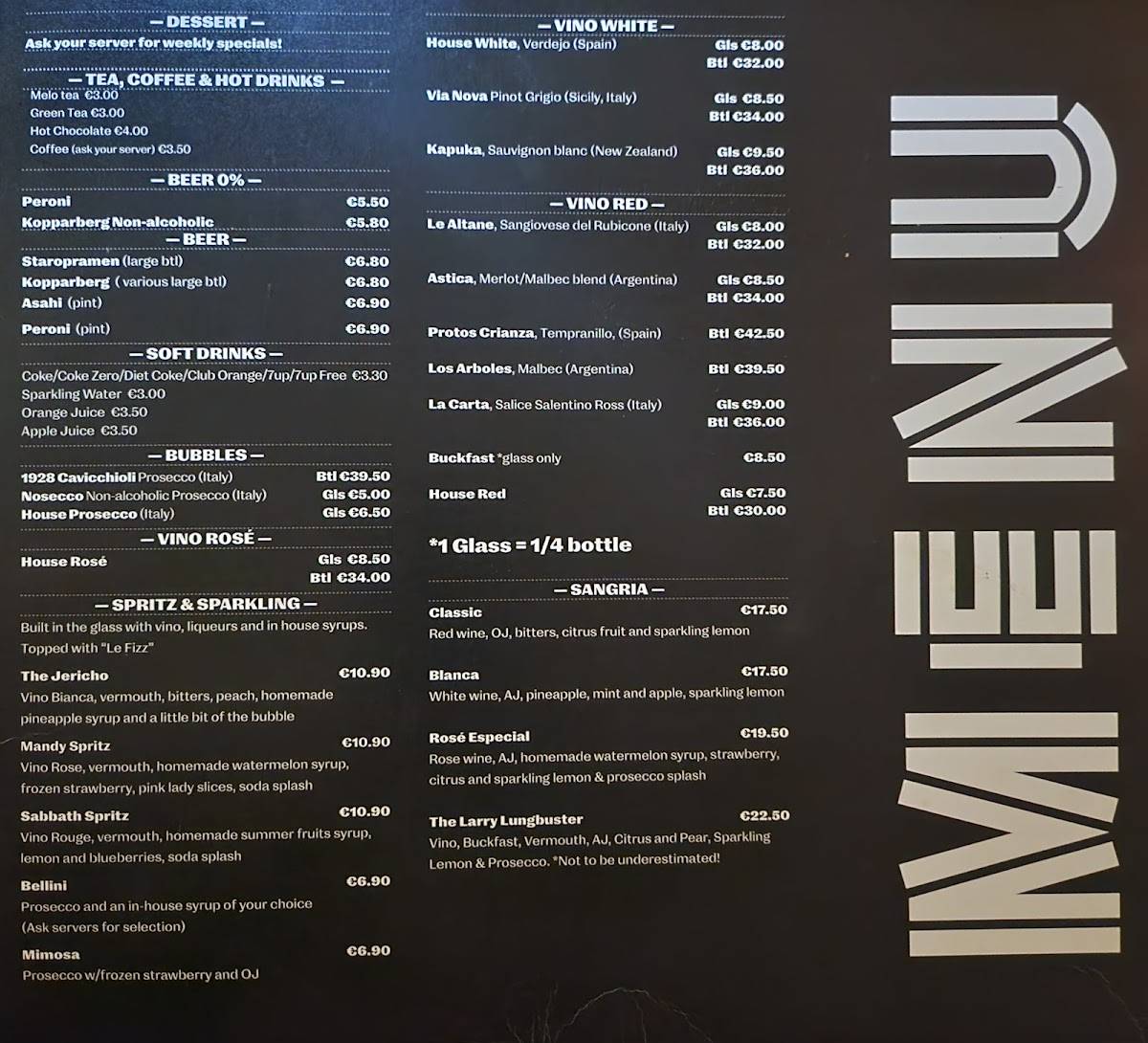 Menu at MELODY restaurant, Limerick