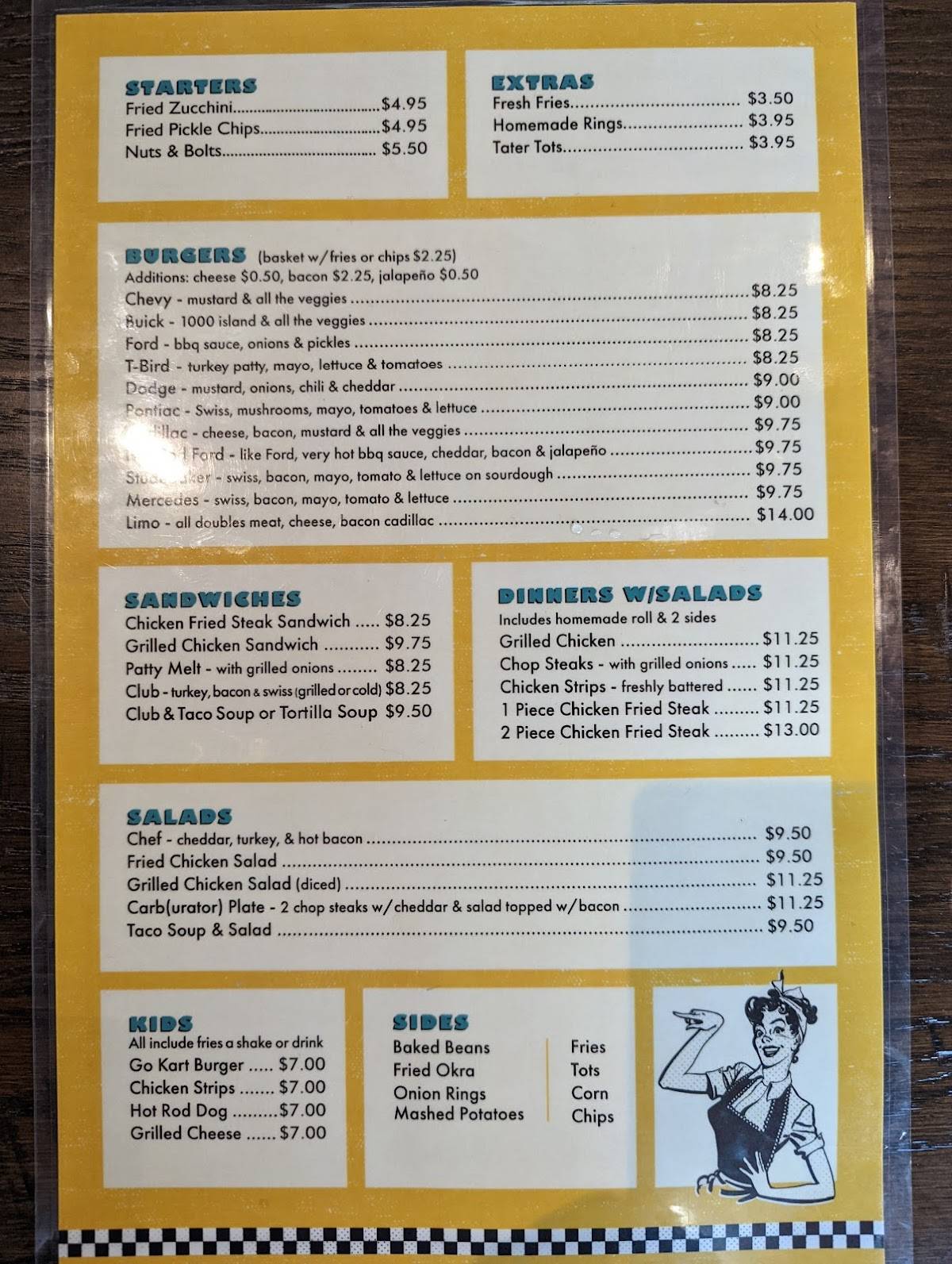 Menu at MG's Burgers restaurant, Sherman